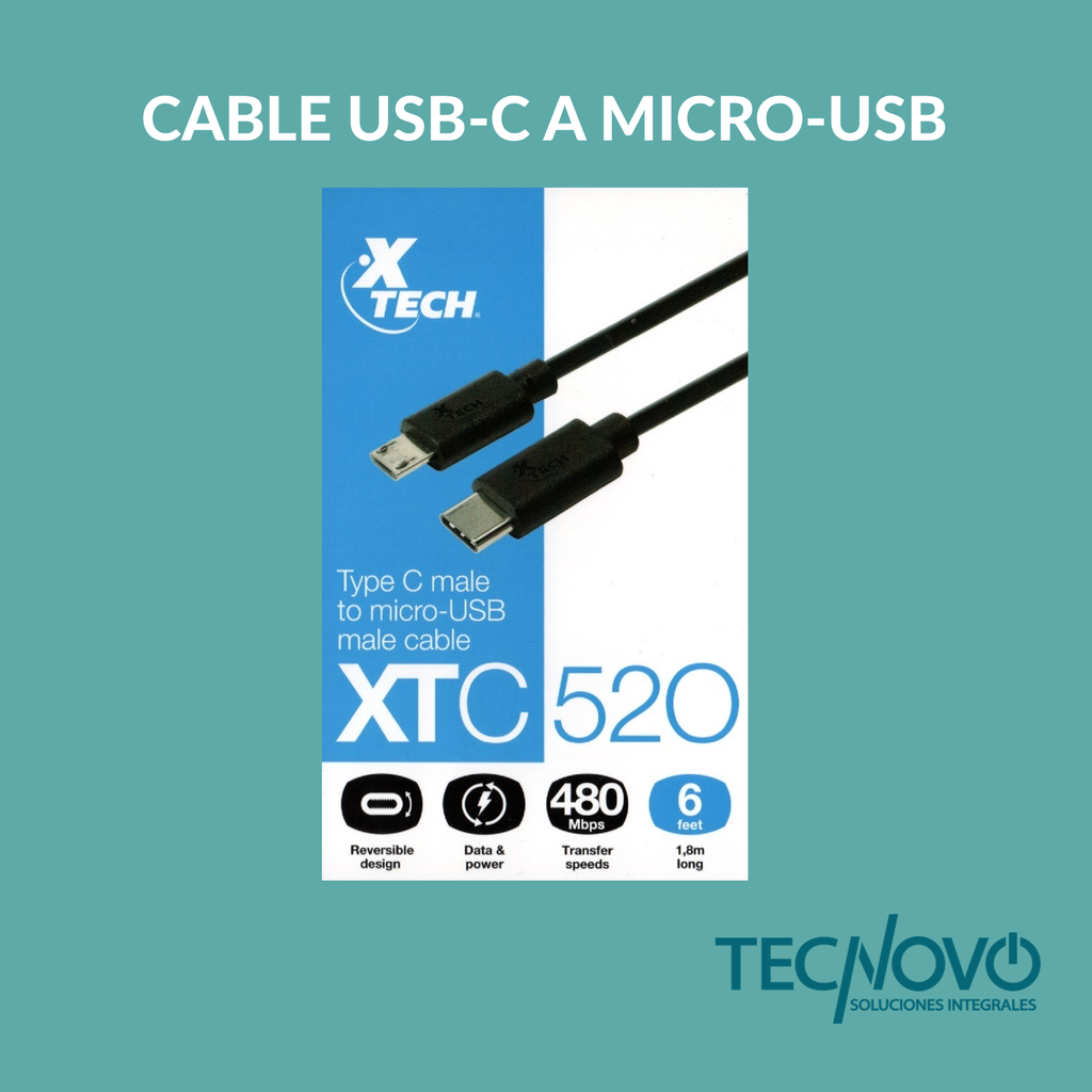 Cable XTECH XTC-520 USB-C a micro USB 2 mts | TECNOVO SOLUCIONES INTEGRALES